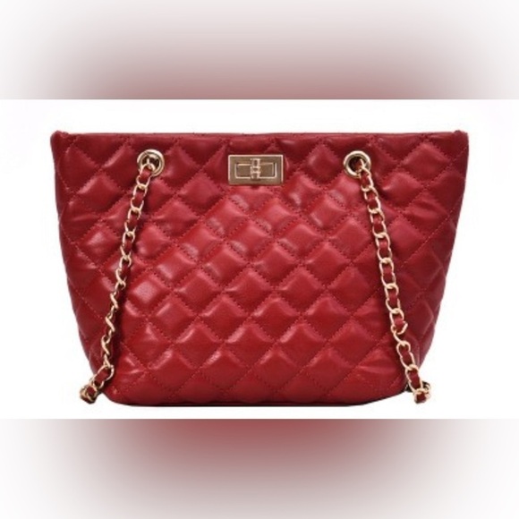 accity | Bags | Quilted Red Hand Bag With Gold Color Handle | Poshmark